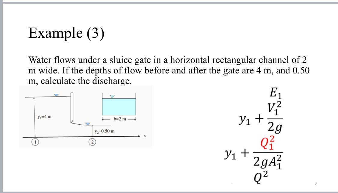 Solved Example (3) Water flows under a sluice gate in a | Chegg.com
