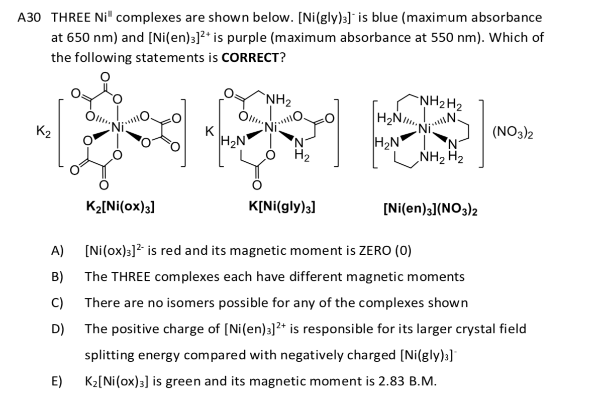 Solved A30 THREE Ni" complexes are shown below. [Ni(gly)3] | Chegg.com