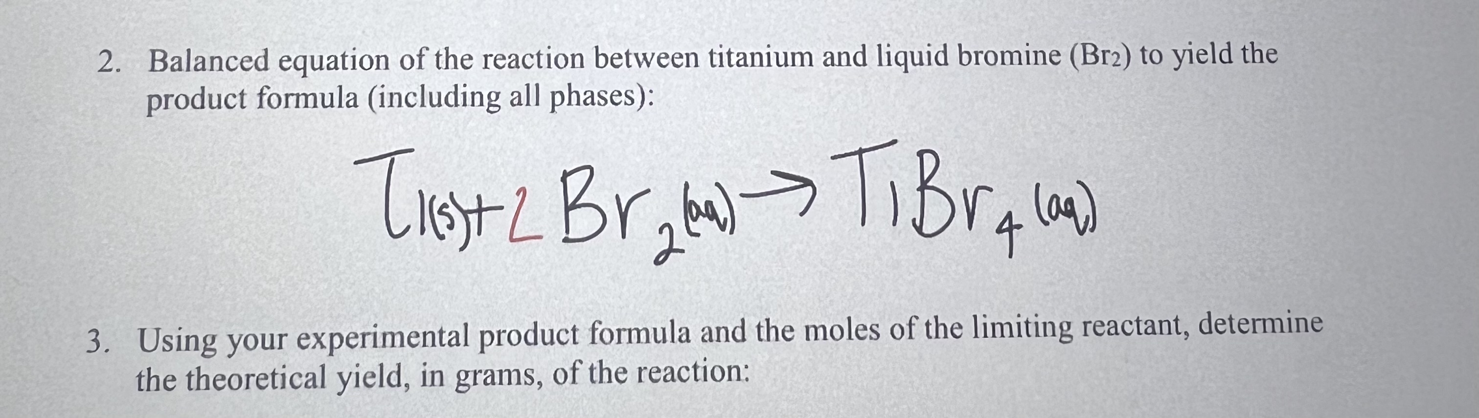 Solved 2. Balanced equation of the reaction between titanium | Chegg.com