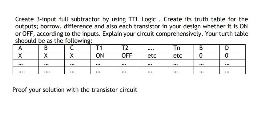 Solved Create 3 -input full subtractor by using TTL Logic. | Chegg.com