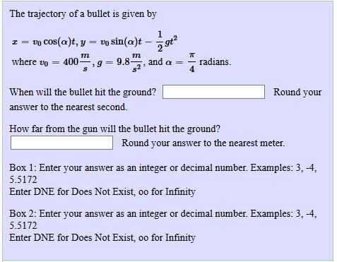 Solved The trajectory of a bullet is given by I = 0 cos(a)t, | Chegg.com