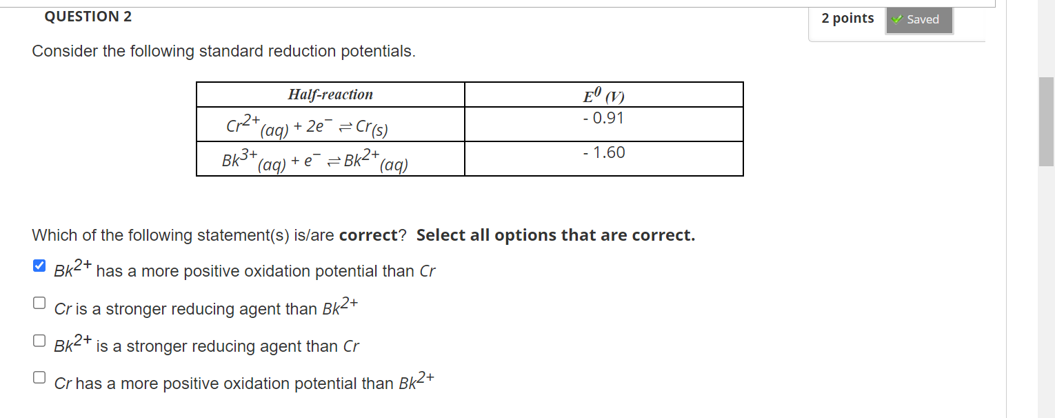 Solved Consider the following standard reduction potentials. | Chegg.com
