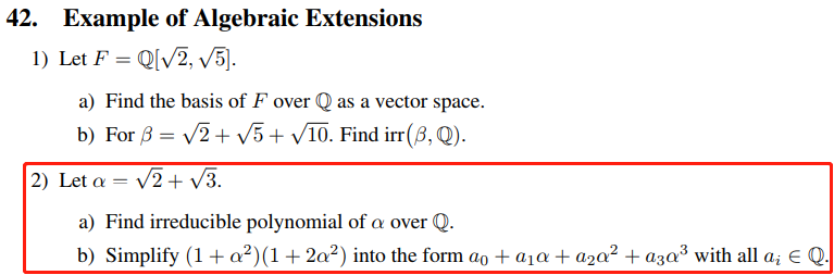Solved 42. Example of Algebraic Extensions 1) Let F = Q[V2 | Chegg.com