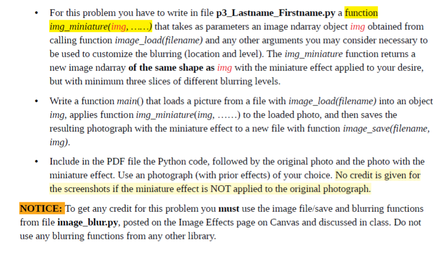 Python Miniature Effect an idea of what the code | Chegg.com