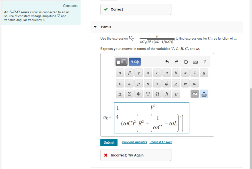Solved Constants Correct An L-R-C series circuit is | Chegg.com