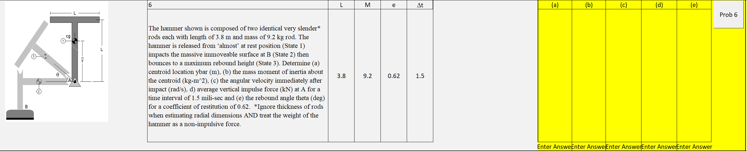 Solved 6 L M e Δt (a) (b) (d) (e) Prob 6 cg The hammer shown | Chegg.com