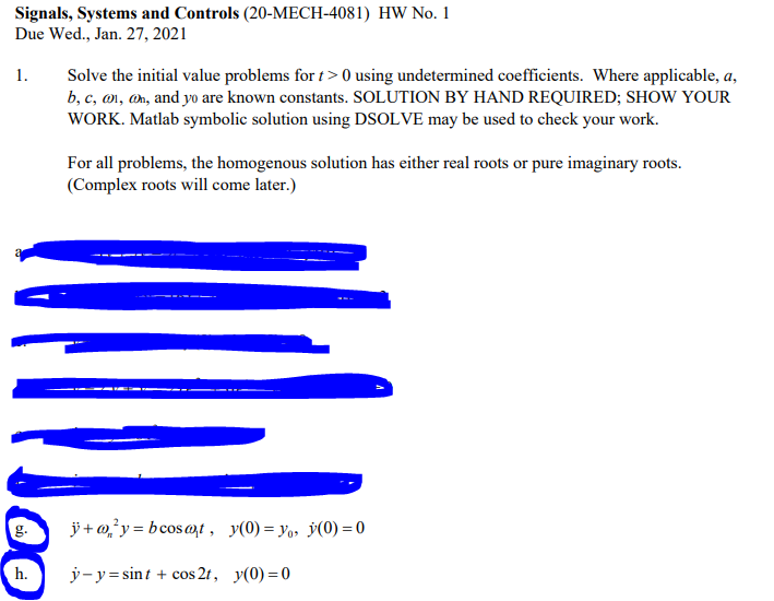 Signals, Systems and Controls (20-MECH-4081) HW No. 1 | Chegg.com