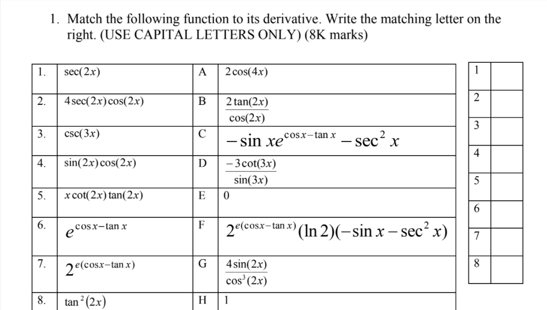 Solved 1. Match the following function to its derivative. | Chegg.com