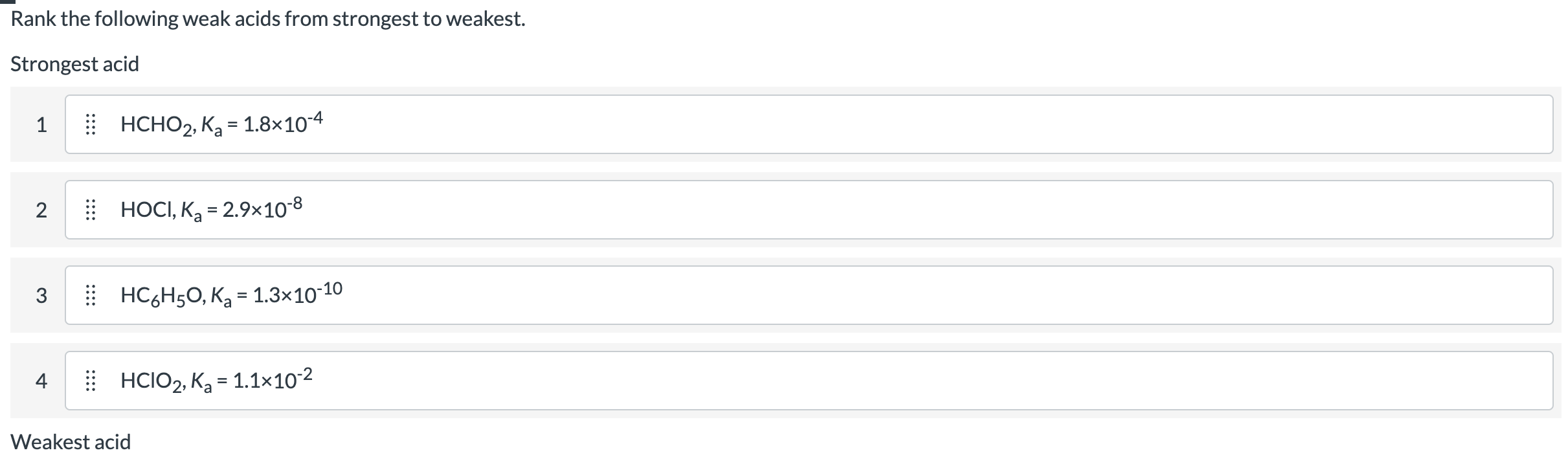 Solved Rank the following weak acids from strongest to | Chegg.com