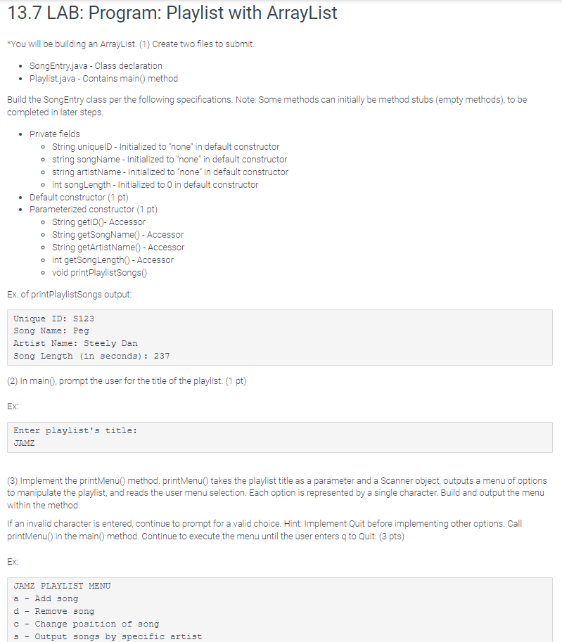 13.7 LAB: Program: Playlist with ArrayList *You will | Chegg.com