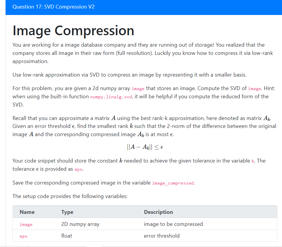 Solved Question 17: SVD Compression V2 Image Compression You | Chegg.com