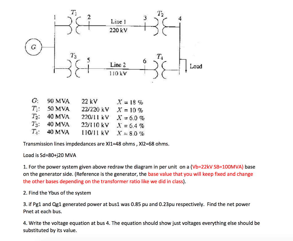 Solved T; Line l 220 kV T4 Line 2 110 kV Load G: 90 MVA T,: | Chegg.com