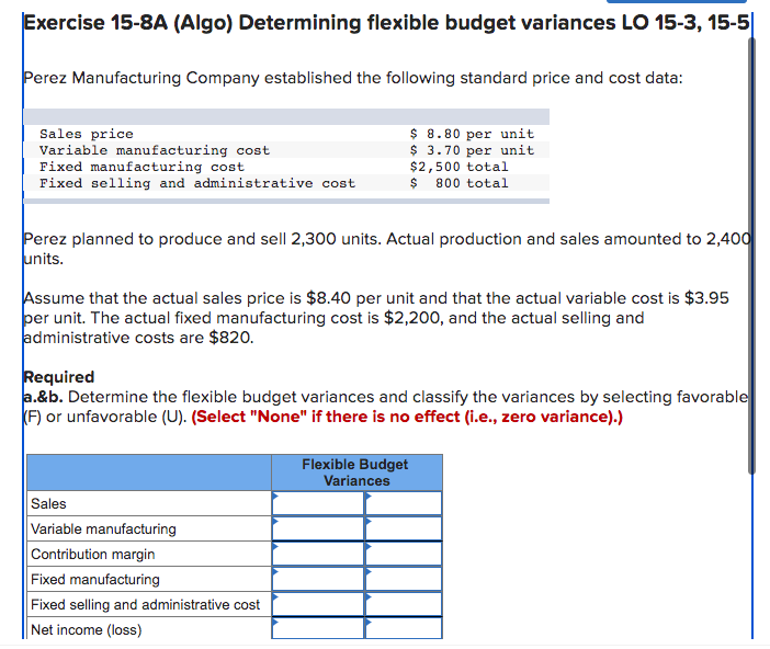 Solved Exercise 15-8A (Algo) Determining flexible budget | Chegg.com