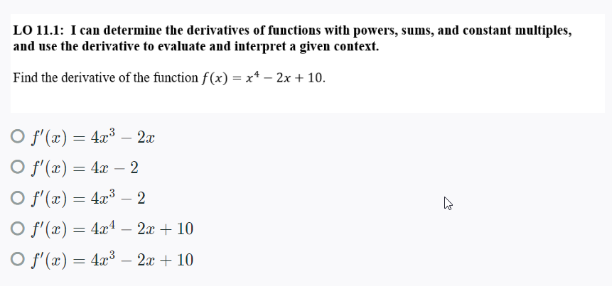 Solved LO 11.1: I can determine the derivatives of functions | Chegg.com