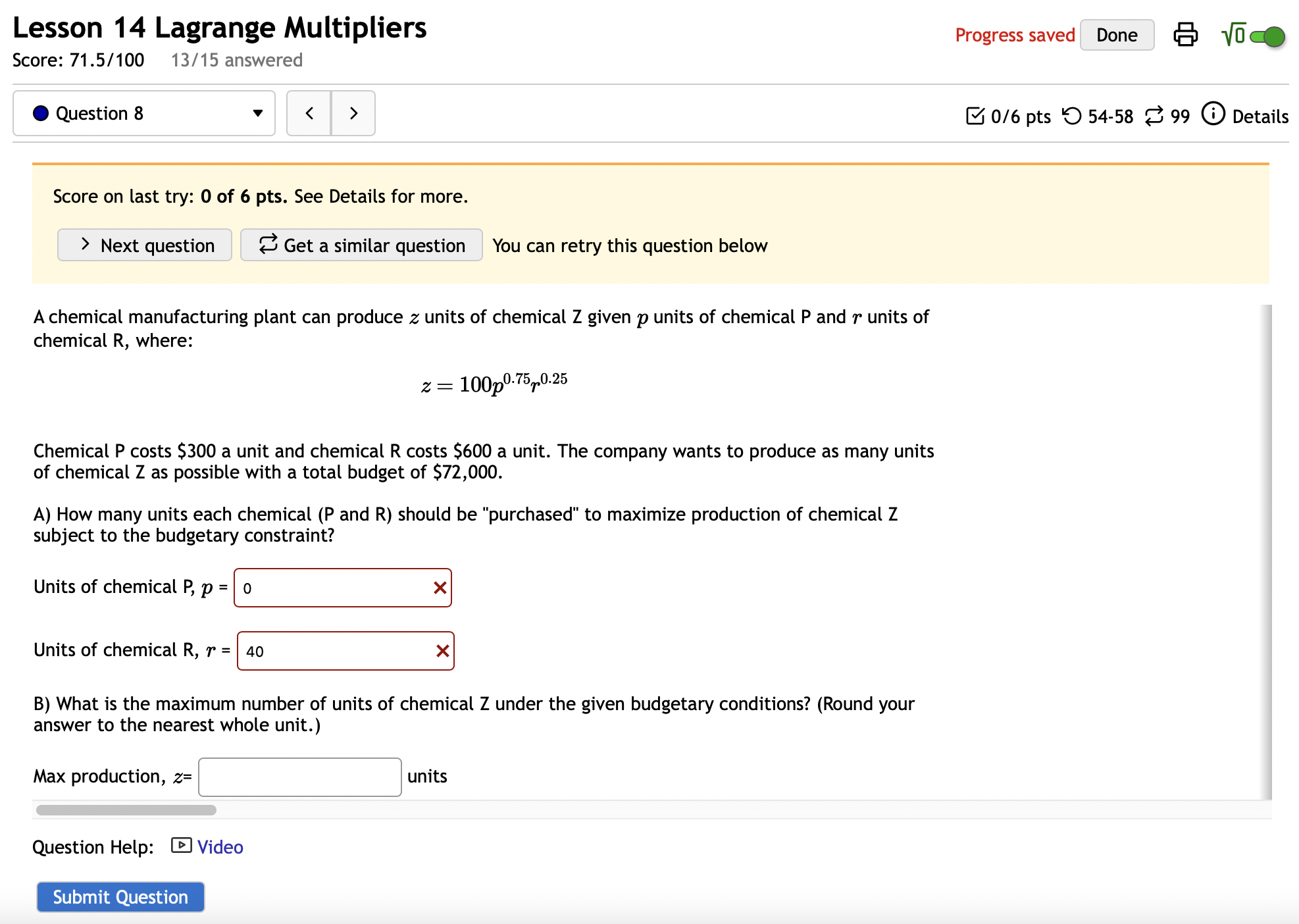 Solved Lesson 14 Lagrange Multipliers Progress saved 0 | Chegg.com