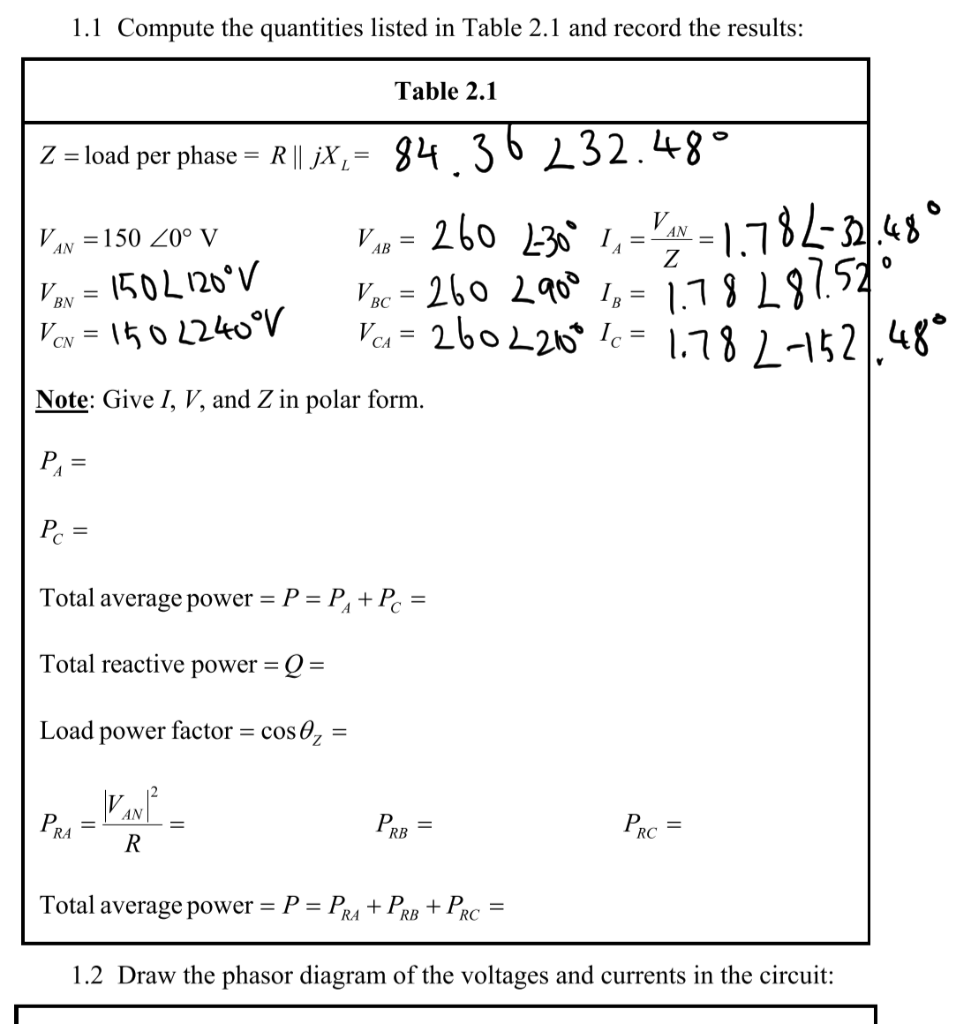 Solved Pre-work 1. Balanced Load, Lagging Power Factor | Chegg.com
