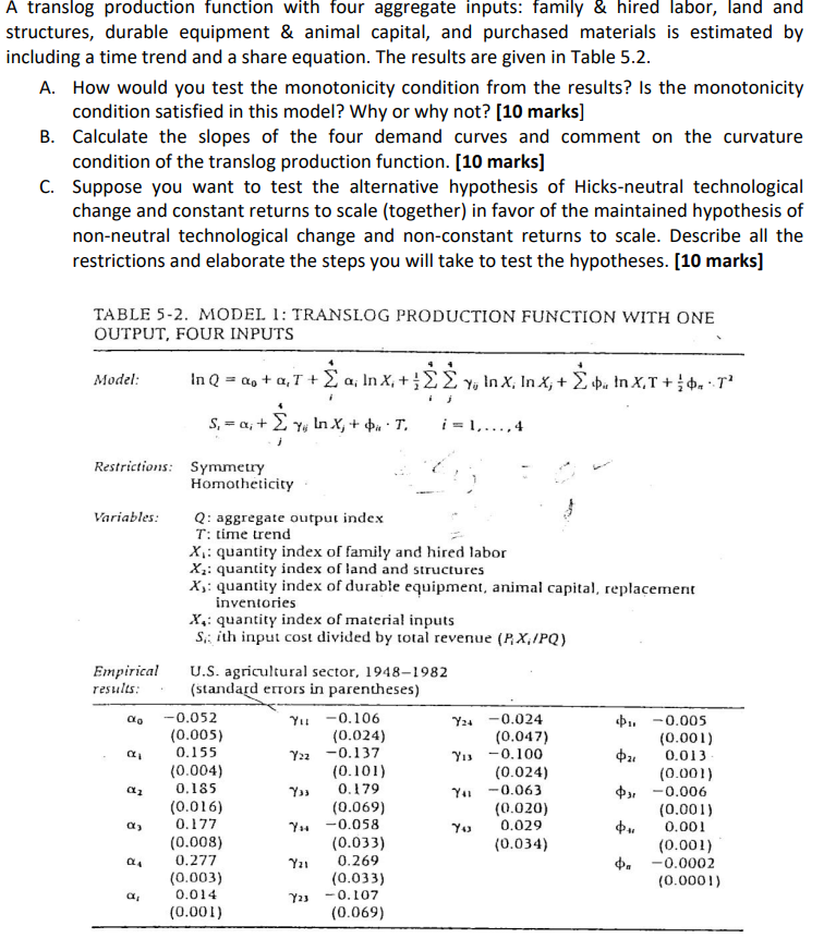 Solved A translog production function with four aggregate | Chegg.com