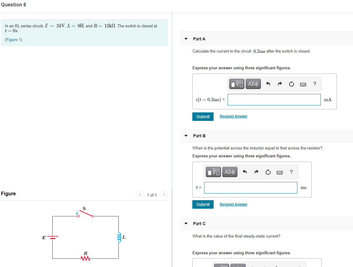 Solved Question 8 In an RL series circuit, E = 24V, L = 9H, | Chegg.com