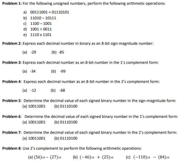 Solved Problem 1 For The Following Unsigned Numbers 