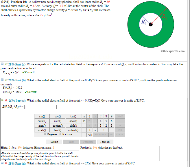 Solved (19%) Problem 10: A hollow non-conducting spherical | Chegg.com