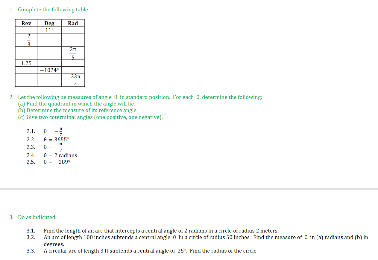 Solved 1. Complete the following table. Rev Rad Deg 11° 2 3 | Chegg.com