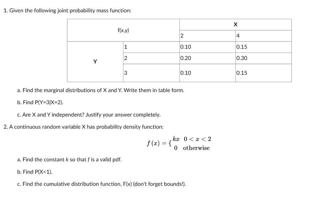 Solved 1. Given the following joint probability mass | Chegg.com