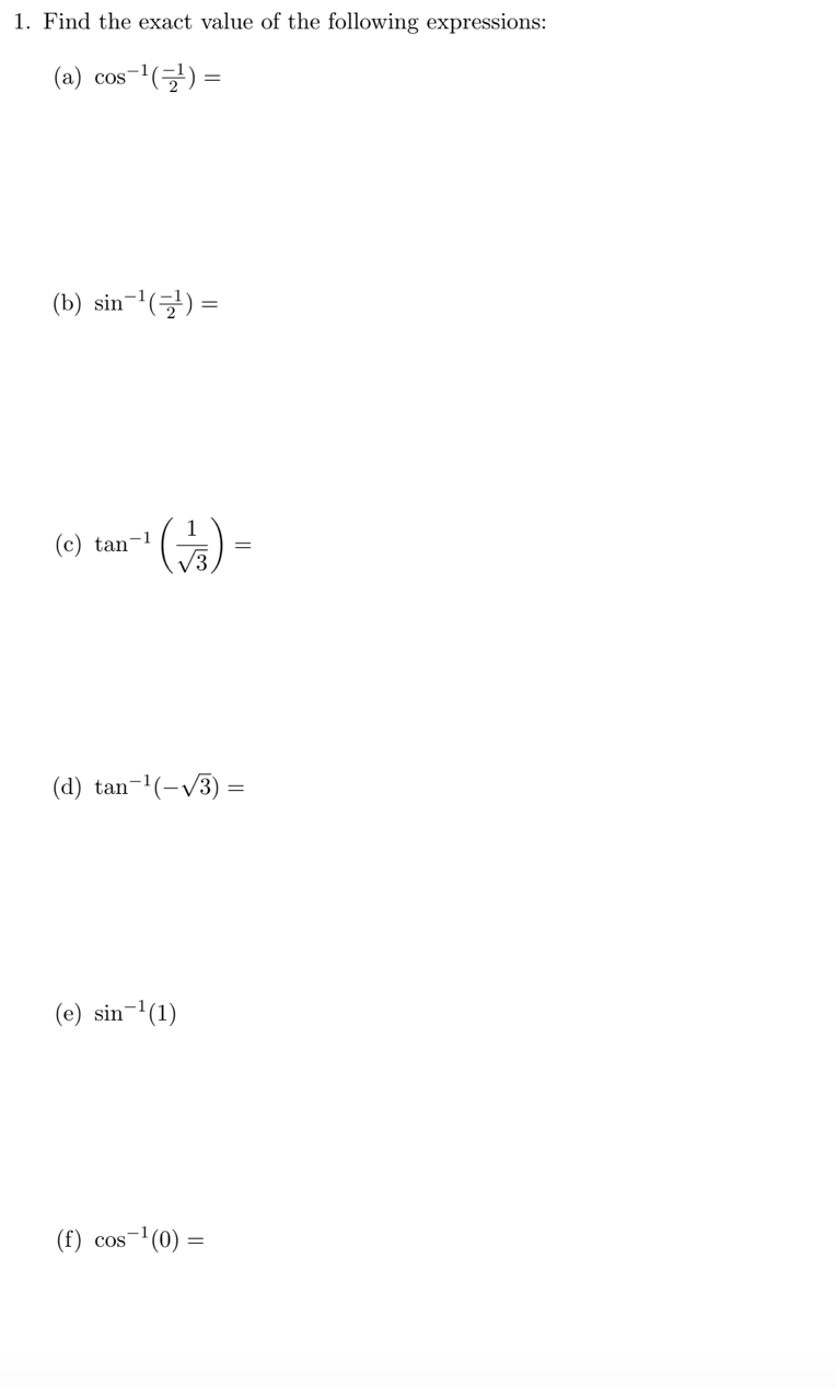 Solved 1. Find the exact value of the following expressions: | Chegg.com