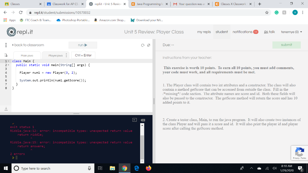 Solved Classes * Classwork for AP CS X replil - Unit 5 | Chegg.com