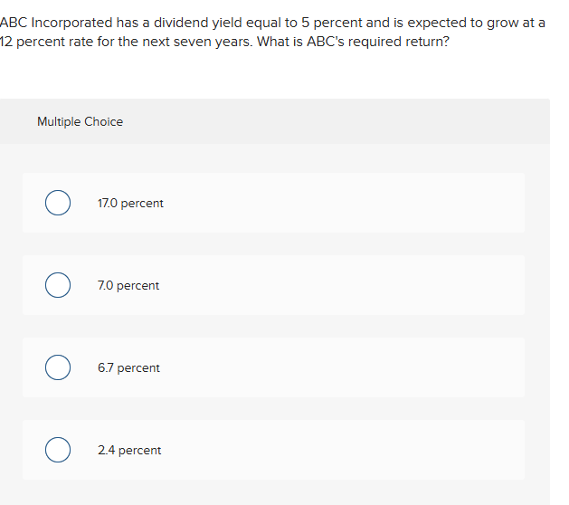 Solved ABC Incorporated has a dividend yield equal to 5 | Chegg.com