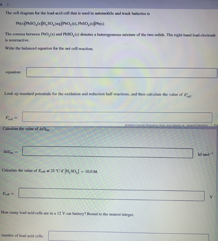 Solved The cell diagram for the lead-acid cell that is used | Chegg.com