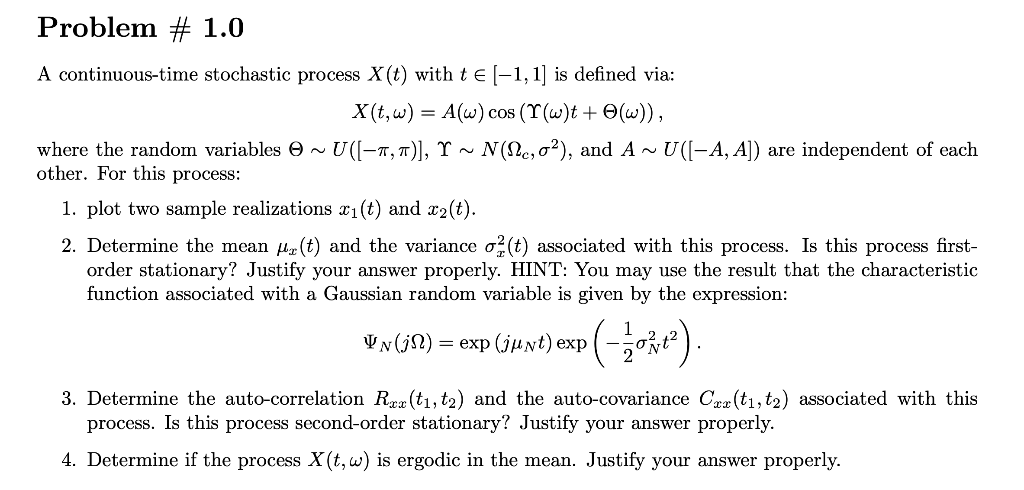 Solved Problem # 1.0 A continuous-time stochastic process | Chegg.com