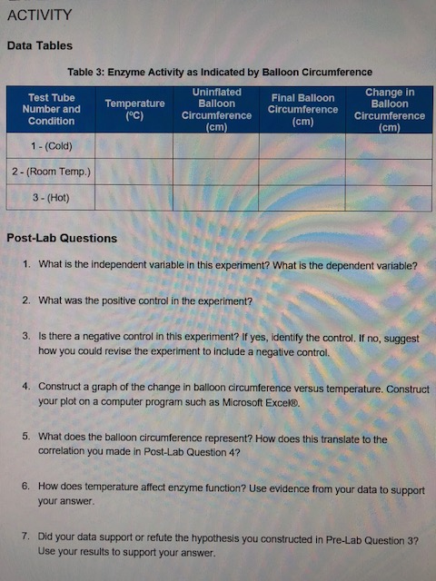 Solved ACTIVITY Data Tables Table 3: Enzyme Activity as | Chegg.com