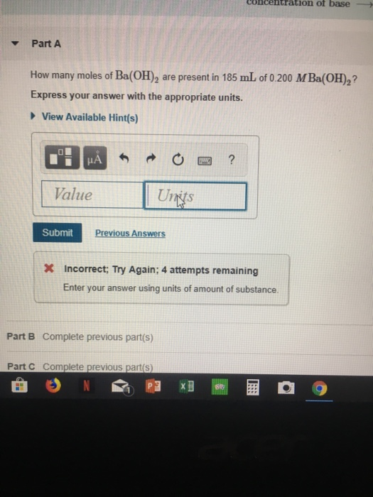 Solved icentration of base Part A How many moles of Ba(OH)2 | Chegg.com
