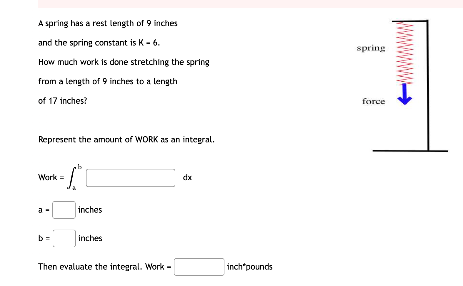 Solved A spring has a rest length of 9 inches and the spring | Chegg.com