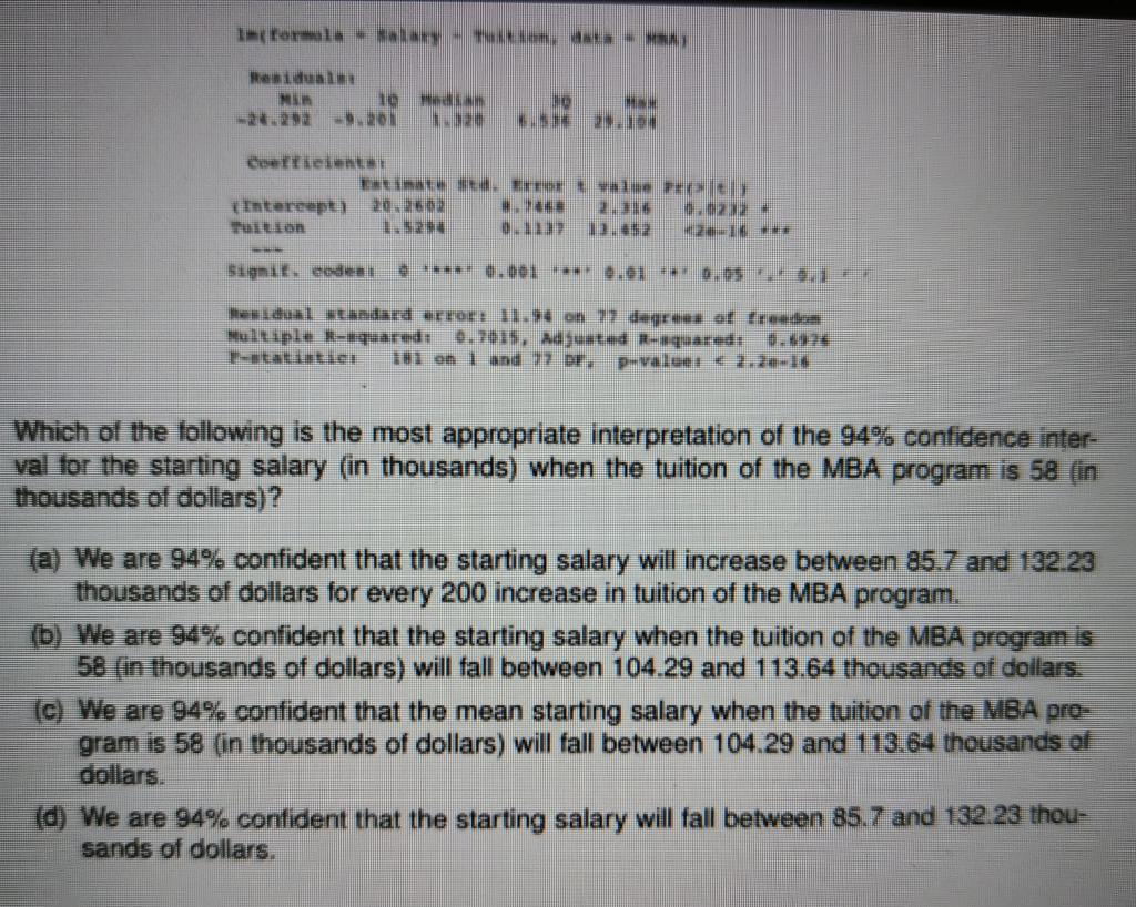 Solved The table below shows partial data set used in a | Chegg.com