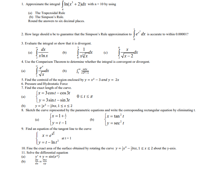 Solved 1. Approximate the integral ſ In(xº + 2)dx with n = | Chegg.com