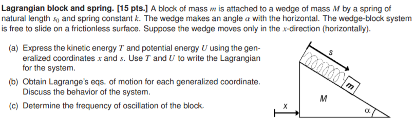 Solved Lagrangian block and spring. [15 pts.] A block of | Chegg.com