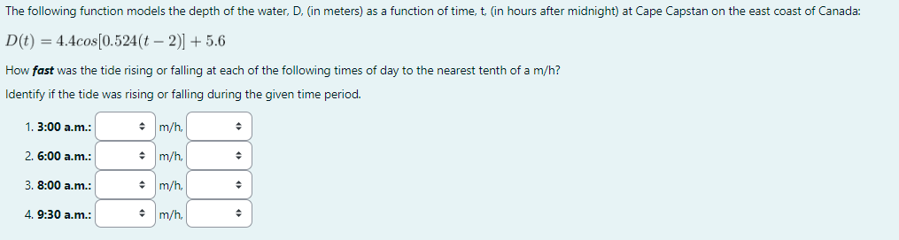 Solved The following function models the depth of the water, | Chegg.com