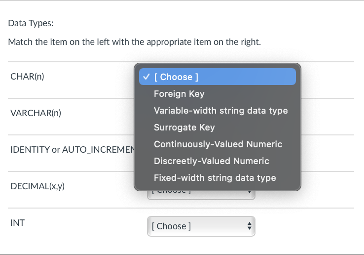 Solved Data Types: Match the item on the left with the | Chegg.com