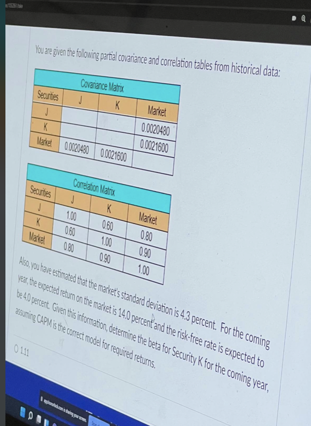 Solved You are given the following partial covariance and | Chegg.com