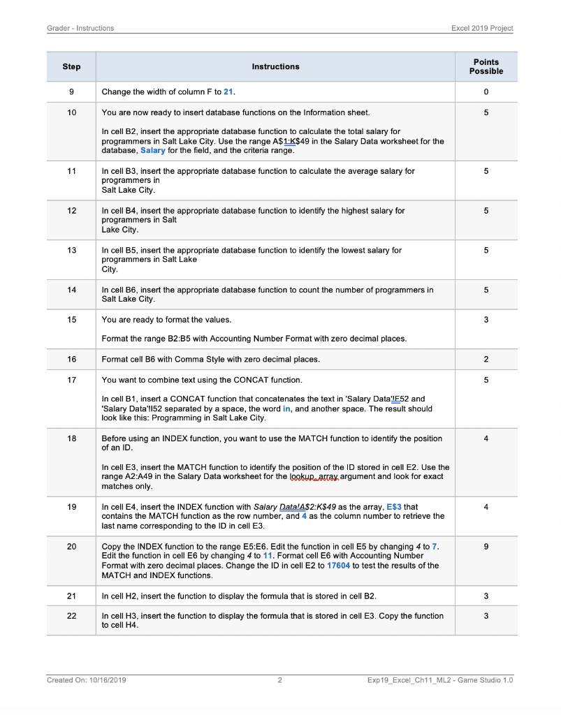 Grader - Instructions Excel 2019 Project Step | Chegg.com