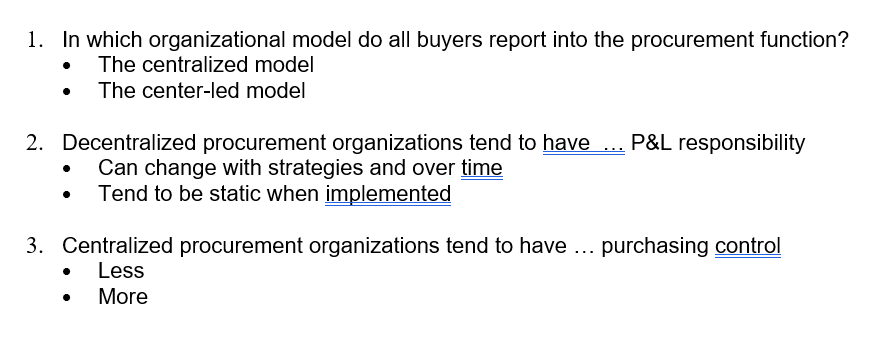 Solved 1. In which organizational model do all buyers report | Chegg.com