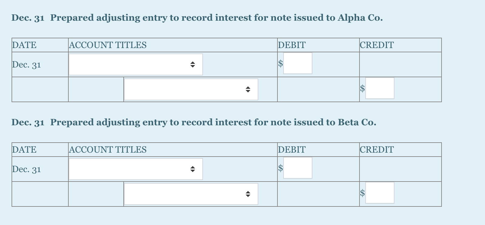 Solved Dec. 31 Prepared adjusting entry to record interest | Chegg.com