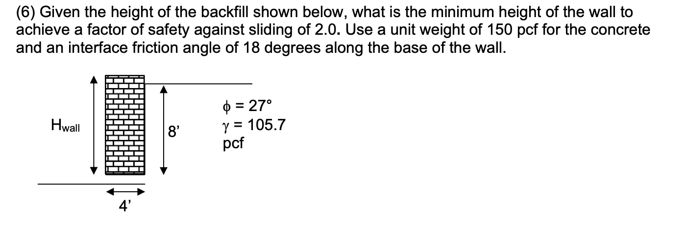 Solved (6) Given the height of the backfill shown below, | Chegg.com