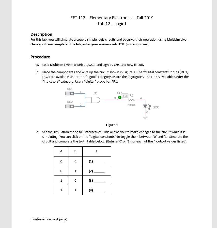 Solved EET 112 - Elementary Electronics - Fall 2019 Lab 12 - | Chegg.com