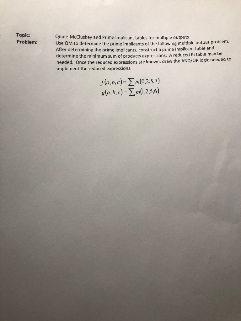 Solved Topic: Problem: Quine-McCluskey and Prime Implicant | Chegg.com