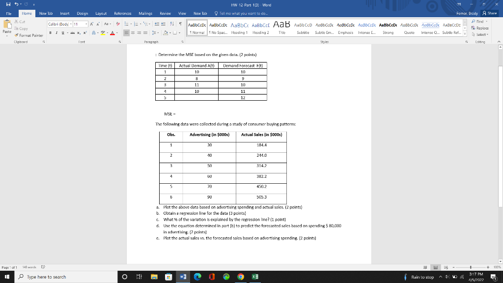 Solved HW 12 Part 1/3) - Word View New Tab Tel me what you | Chegg.com