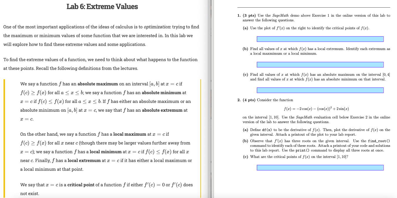 Solved Lab 6: Extreme Values 1. (3 pts) Use the Sage Math | Chegg.com