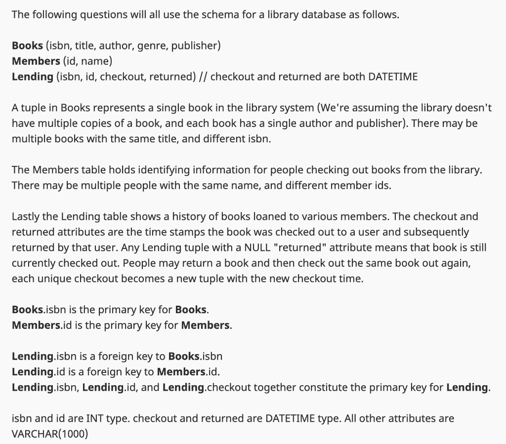 Solved The following questions will all use the schema for a | Chegg.com