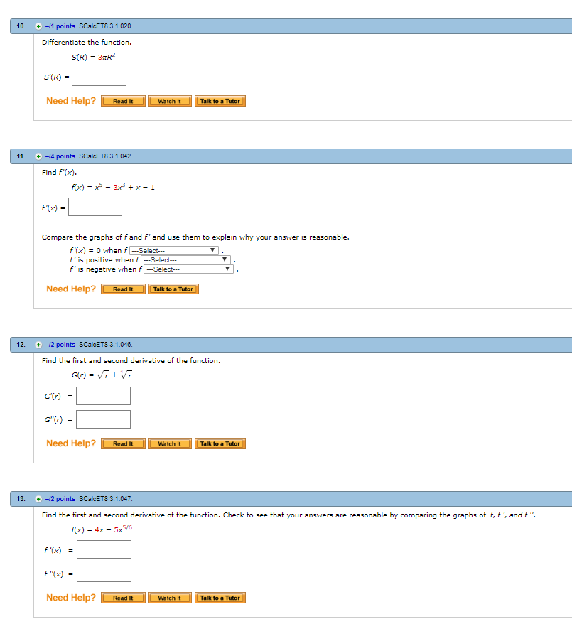 Solved 10. 11 points SCalcET8 3.1.020 Differentiate the | Chegg.com